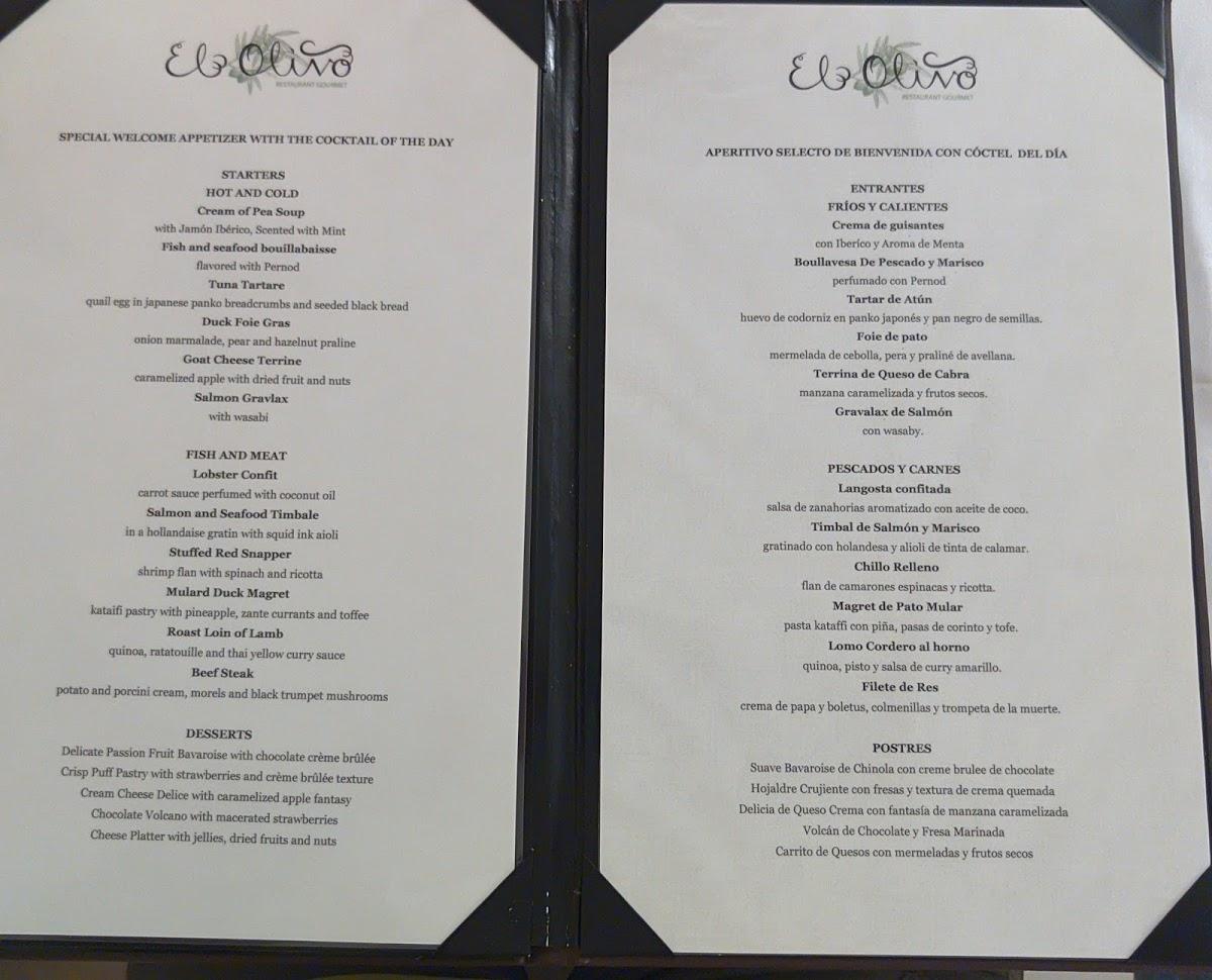 Menu at El Olivo restaurant, Punta Cana