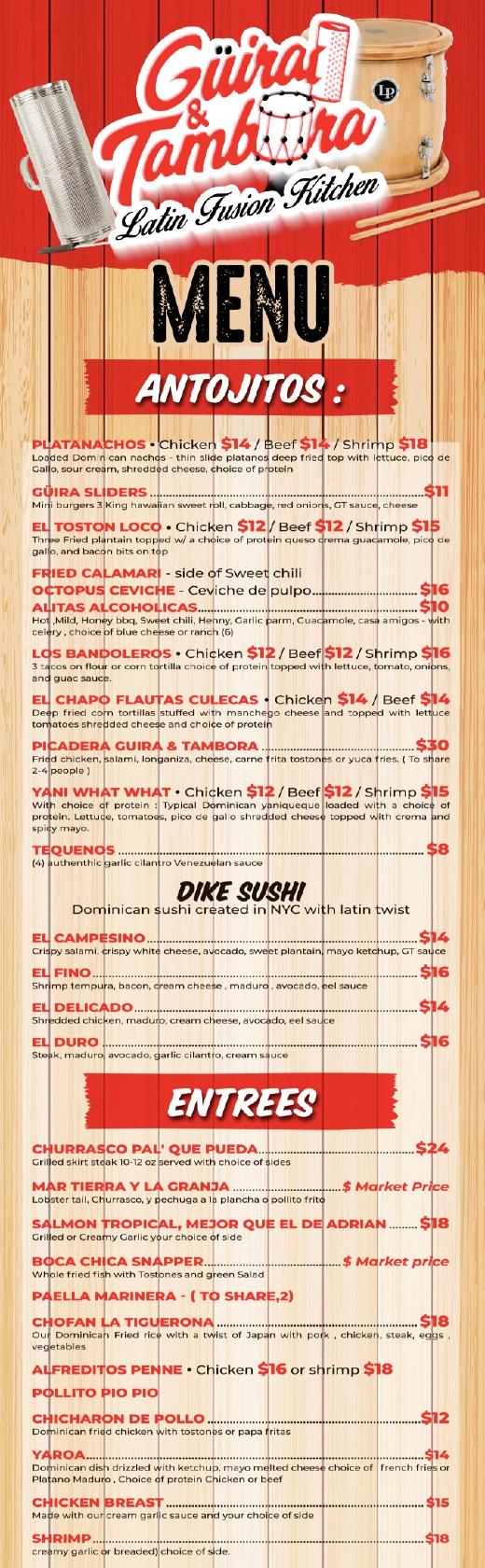 Menu at Guira & Tambora Latin Cuisine restaurant, Hollywood