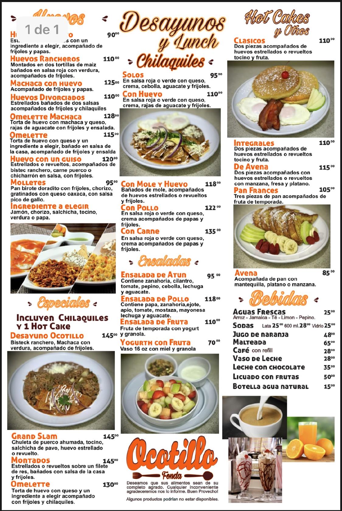 Carta del restaurante Ocotillo Fonda, Mexicali