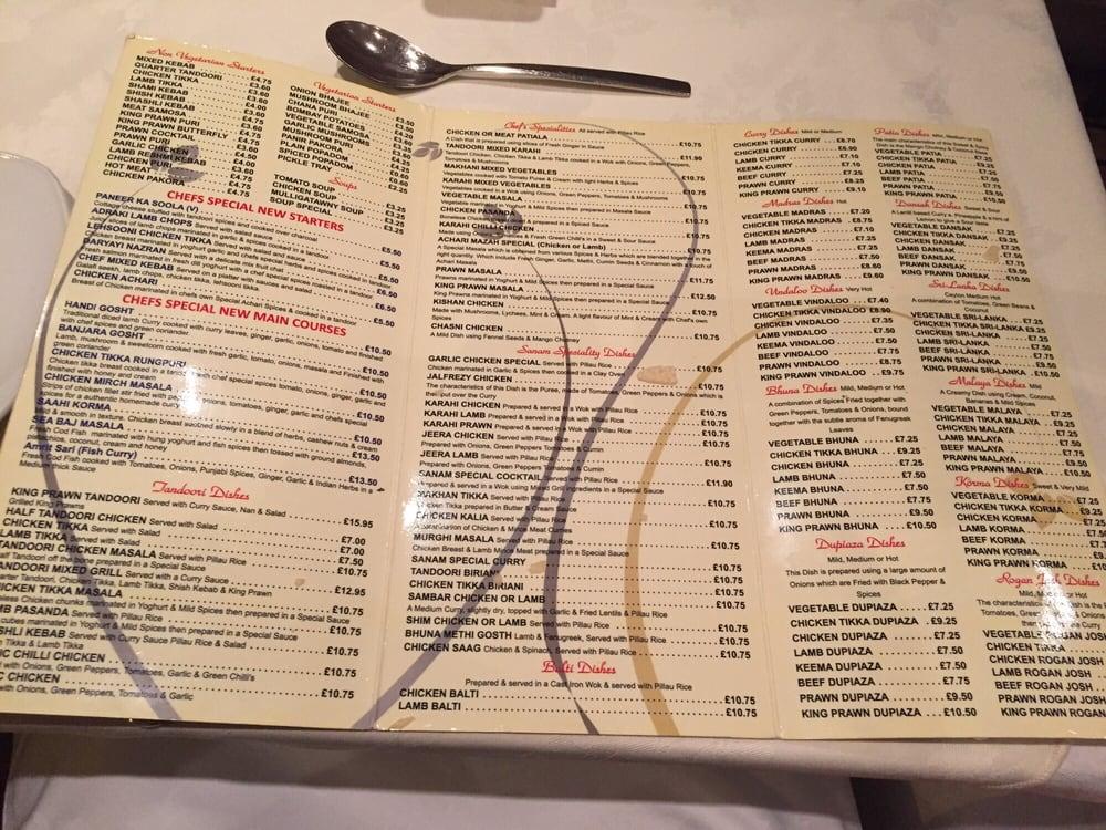 Menu at Sanam restaurant, Alfreton