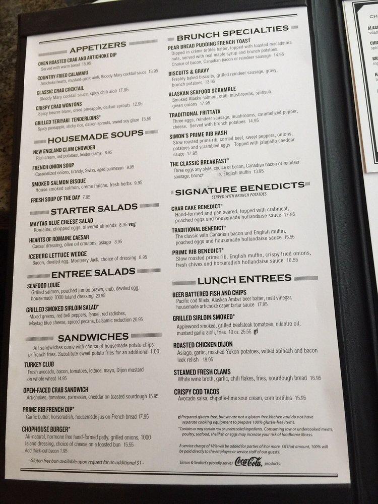 Menu at Simon & Seafort's Saloon & Grill steakhouse, Anchorage