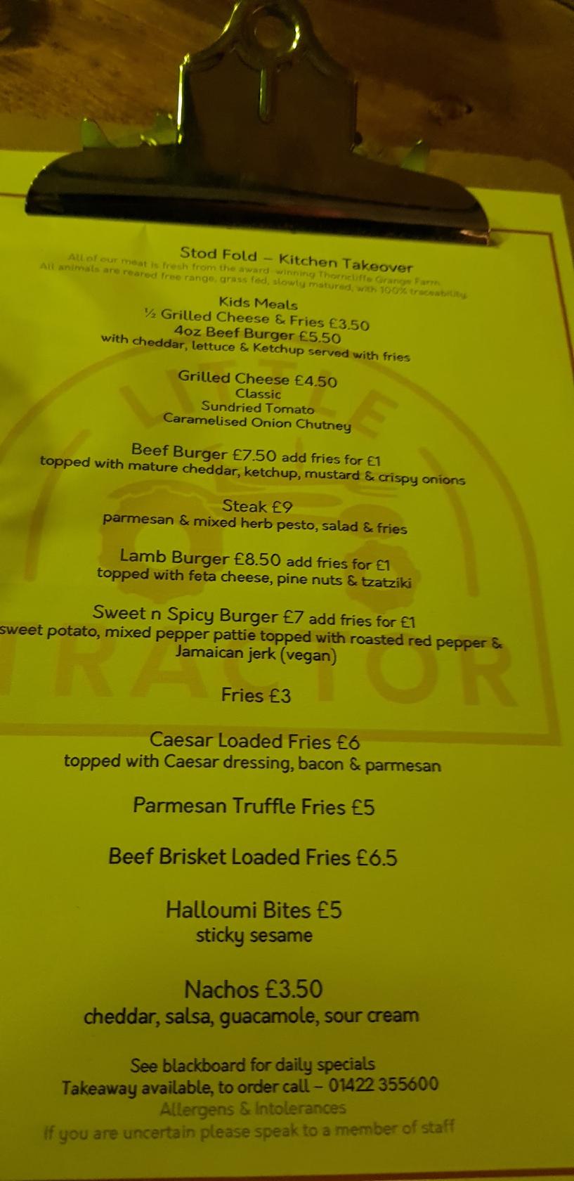 Carta del pub y bar Stod Fold, Halifax