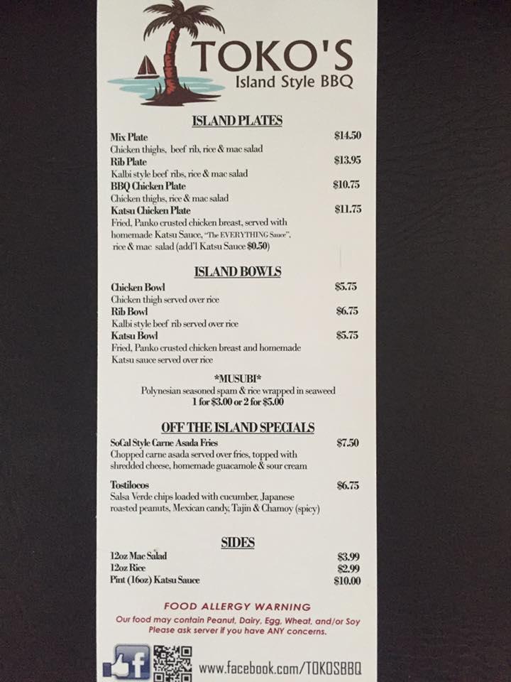 Menu at Toko's Island Style BBQ, Dickinson