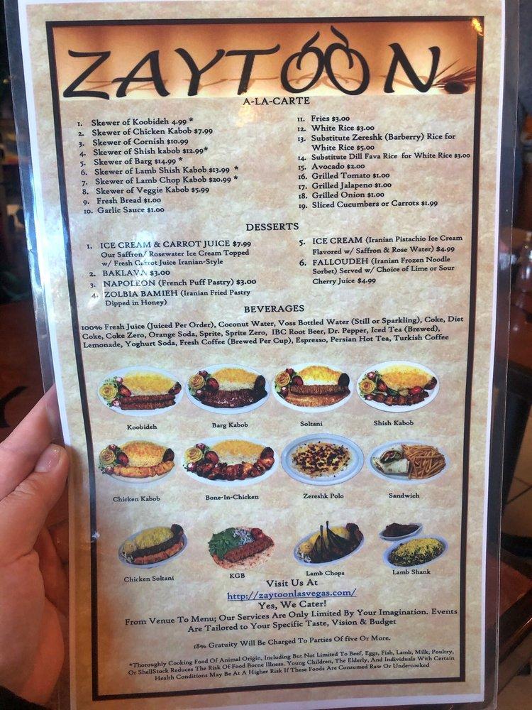 Menu at Zaytoon restaurant, Las Vegas
