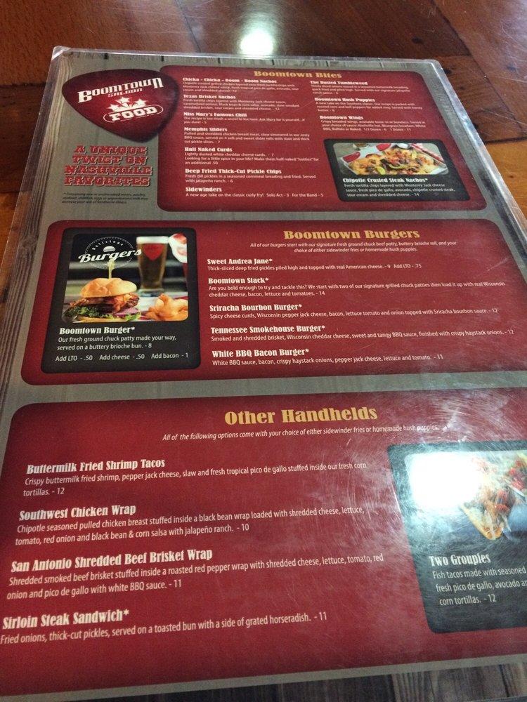 Menu at Boomtown Saloon Country Bar, Lake Delton