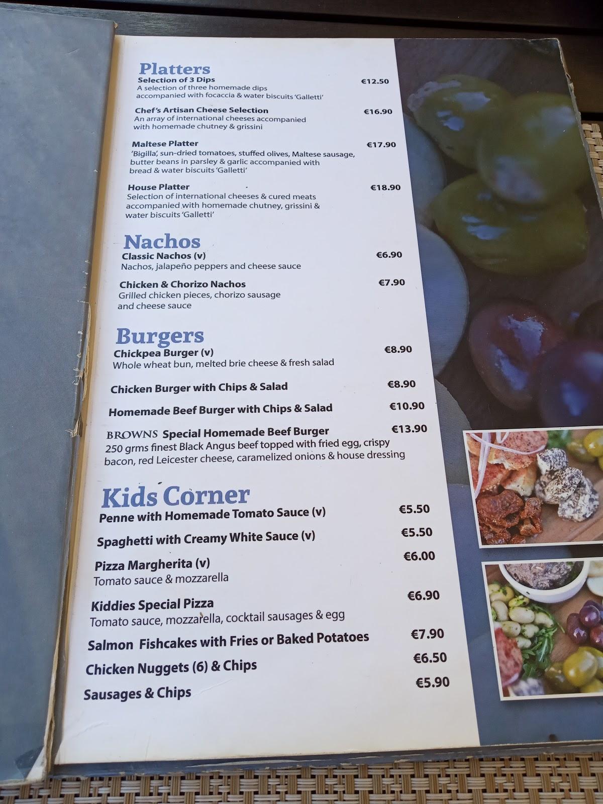 Menu at Browns Valletta Waterfront restaurant, Floriana