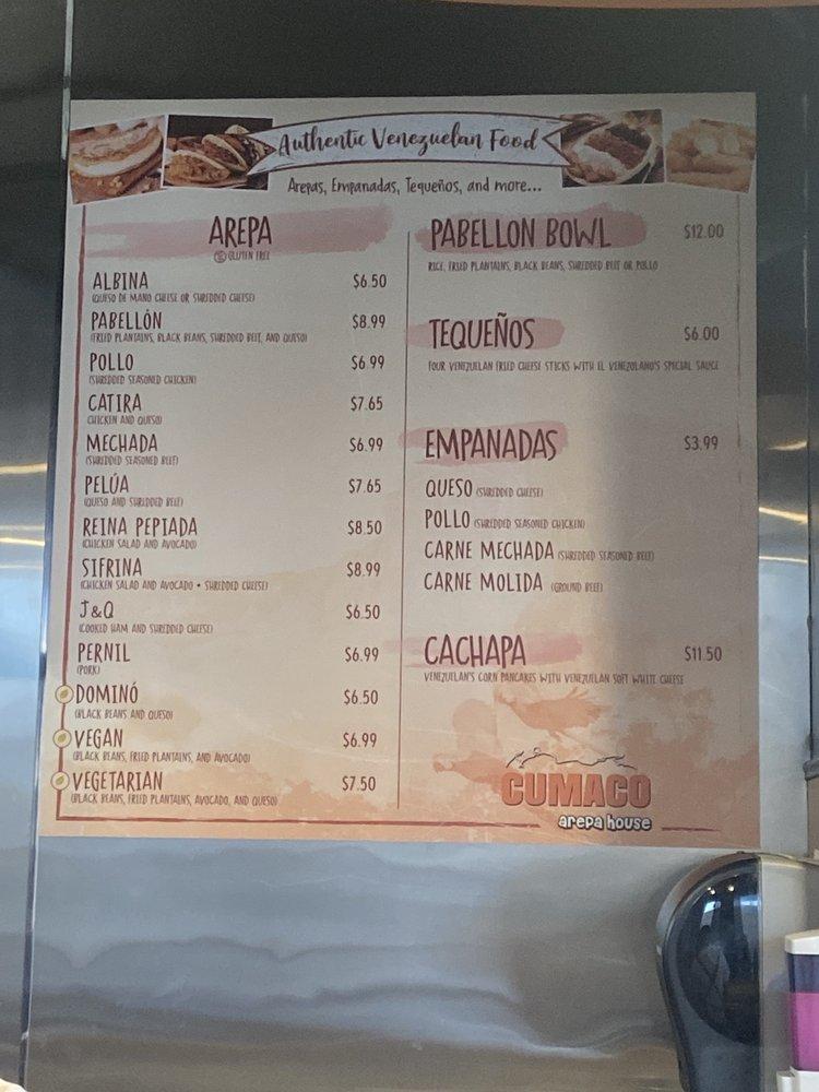 Menu at Cumaco Arepa House restaurant, Indianapolis