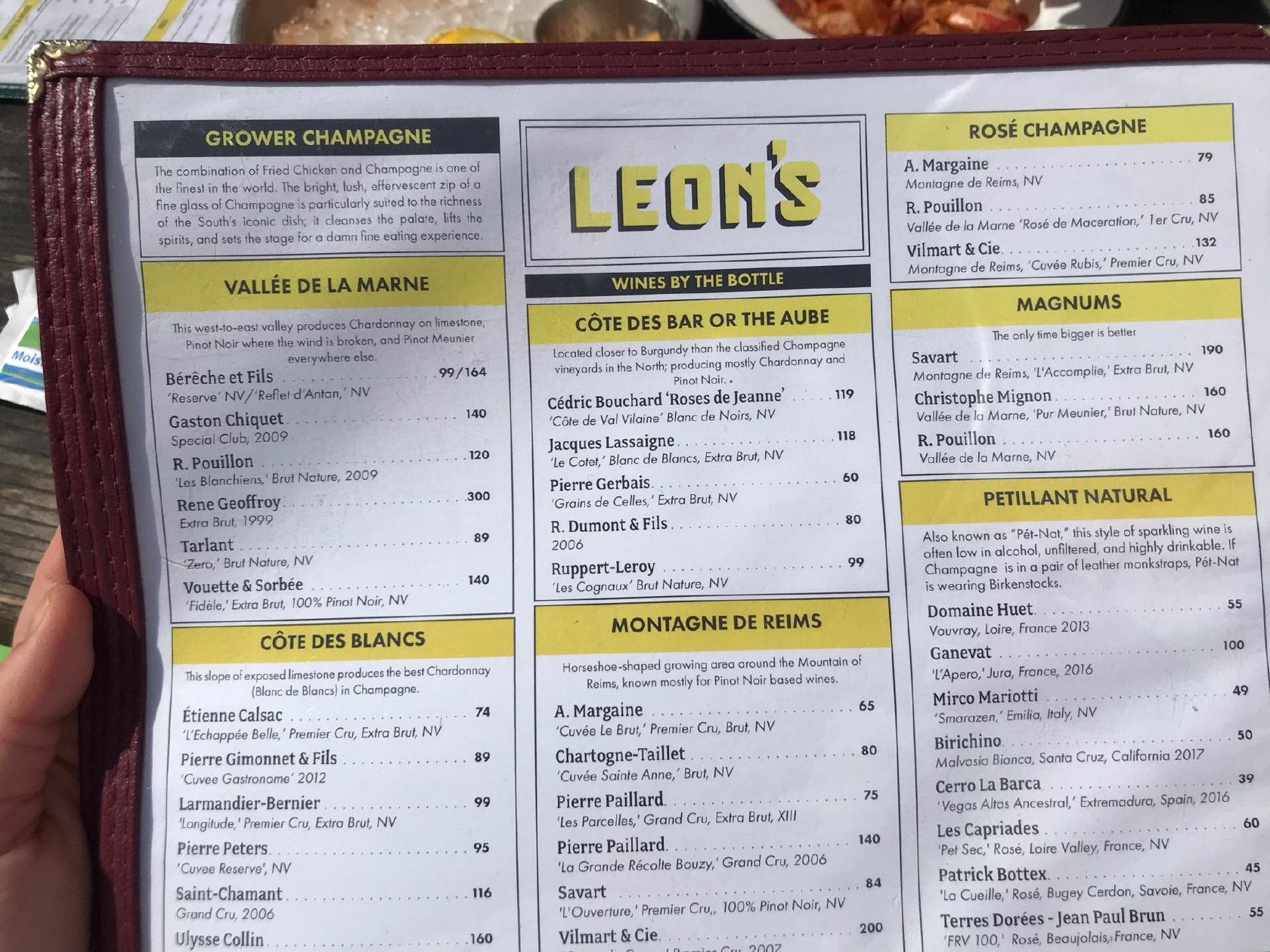 Carta del restaurante Leon's, Charleston
