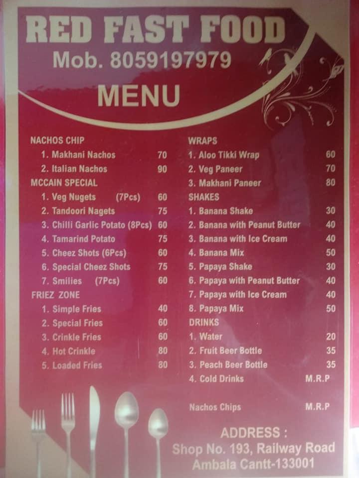 Menu at Red Fast Food, Ambala Cantt, 8RQQ+R29
