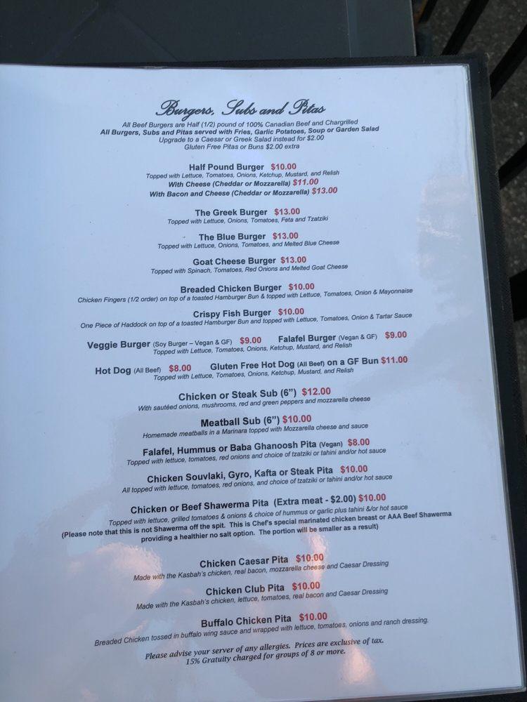 Menu at The Kasbah Mediterranean restaurant, Niagara Falls