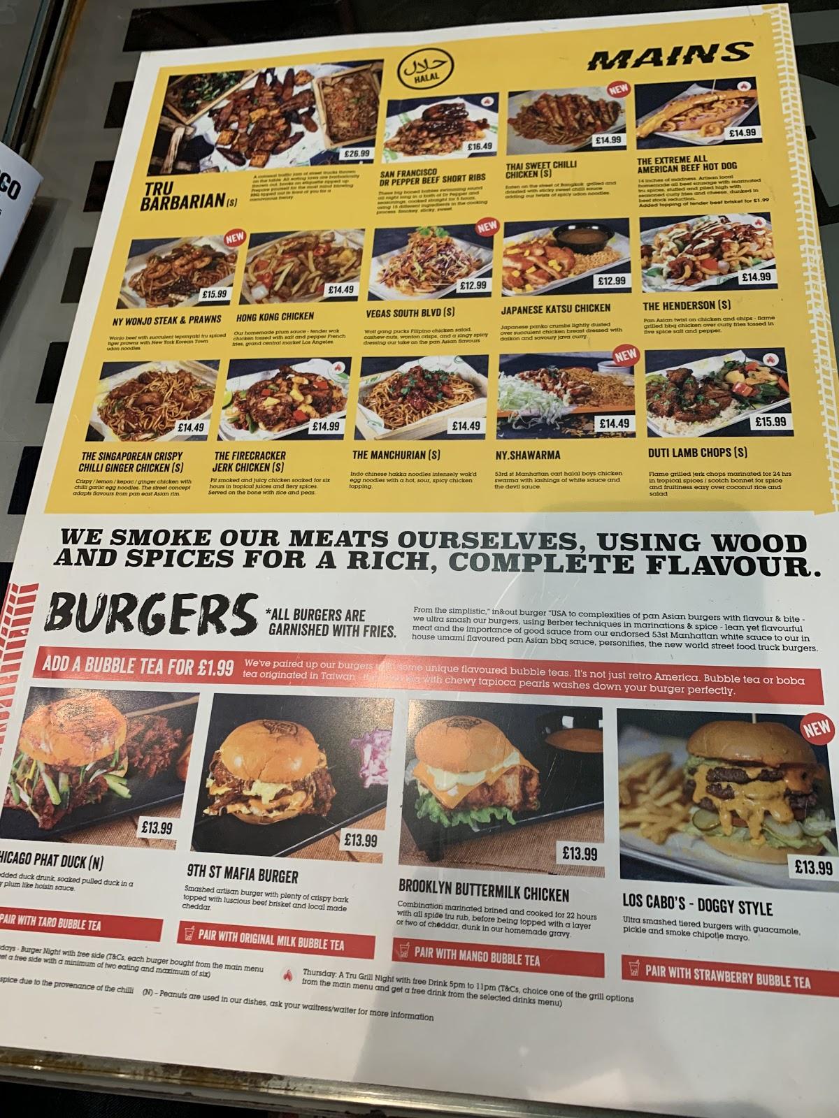 Menu at Tru Street restaurant, Manchester, The Trafford Centre