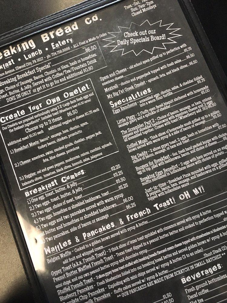 Menu at Breaking Bread Co. restaurant, Ellwood City