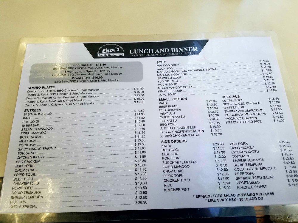 Menu at Choi's Family Restaurant, Honolulu