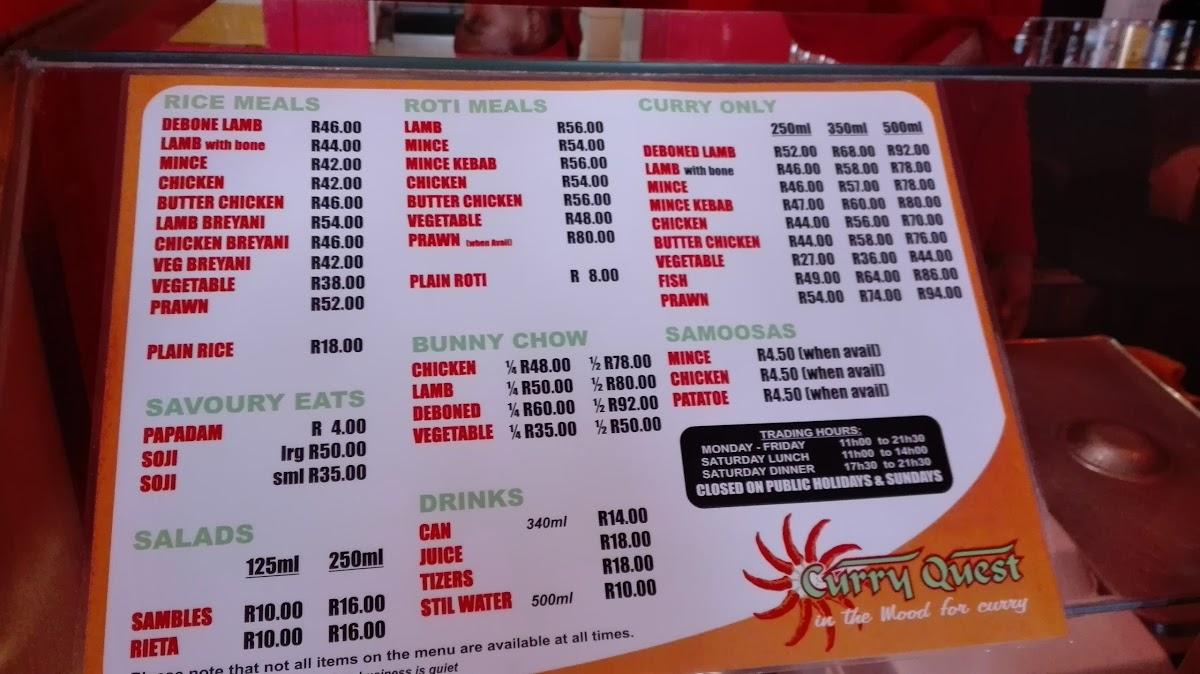 Menu at Curry Quest restaurant, Cape Town, 89 Durban Rd