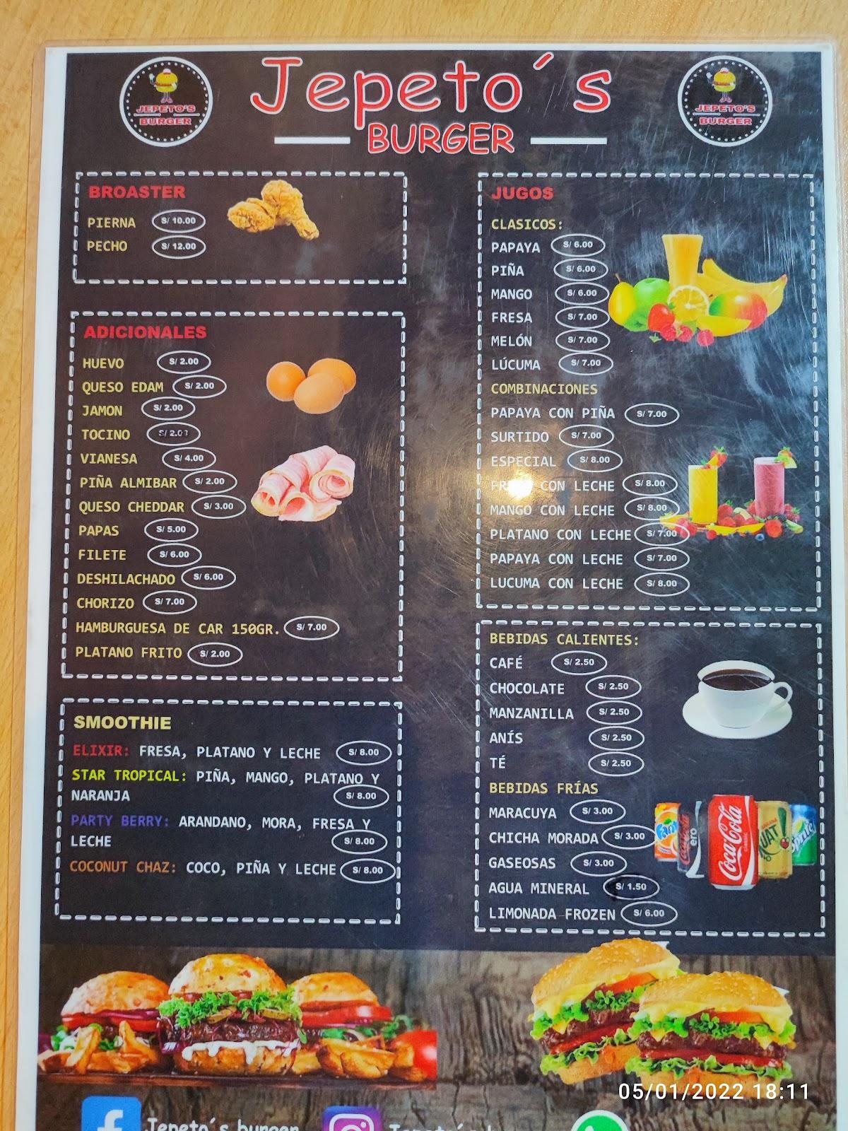 Menu at Jepeto's Burger restaurant, Los Olivos