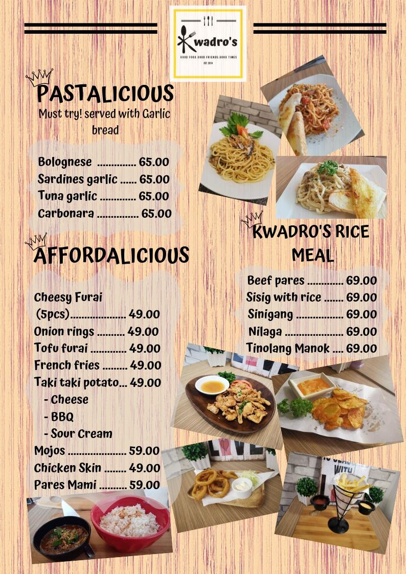 Menu at Kwadro's restaurant, Quezon City