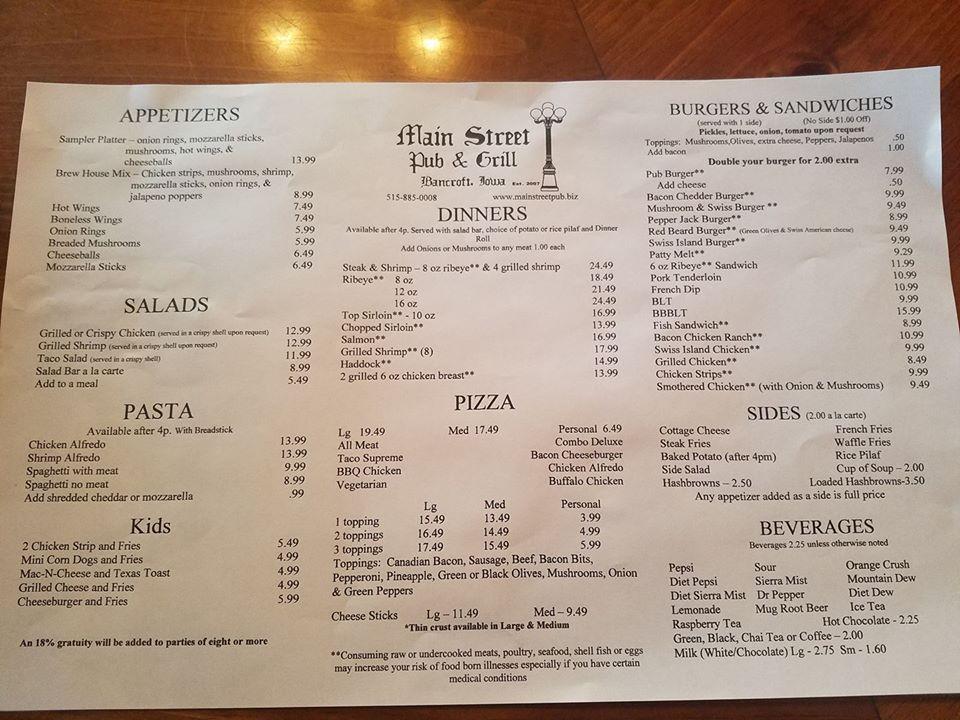 Menu at Main Street Pub, Bancroft