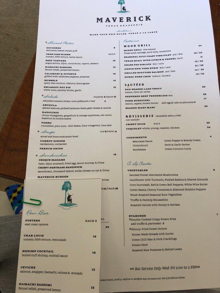 Menu at Maverick Texas Brasserie restaurant, San Antonio