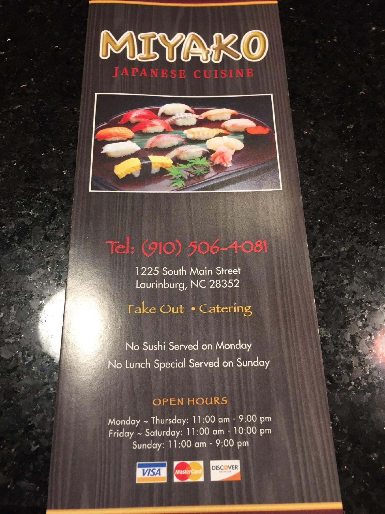 Menu at Miyako Japanese Cuisine restaurant, Laurinburg