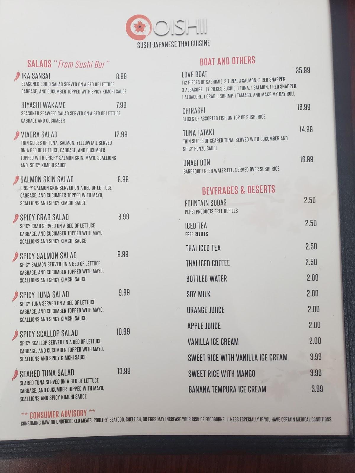 Menu at Oishii Japanese Thai Restaurant, Clovis