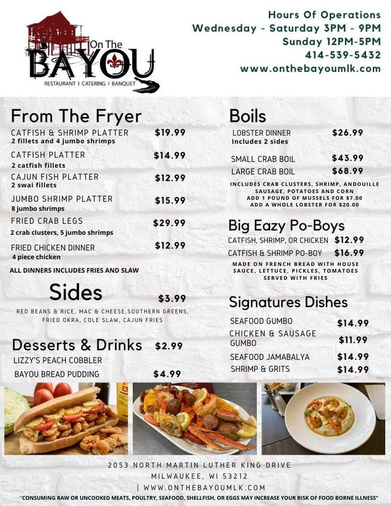 Menu at On the Bayou restaurant, Milwaukee, North Doctor Martin Luther ...