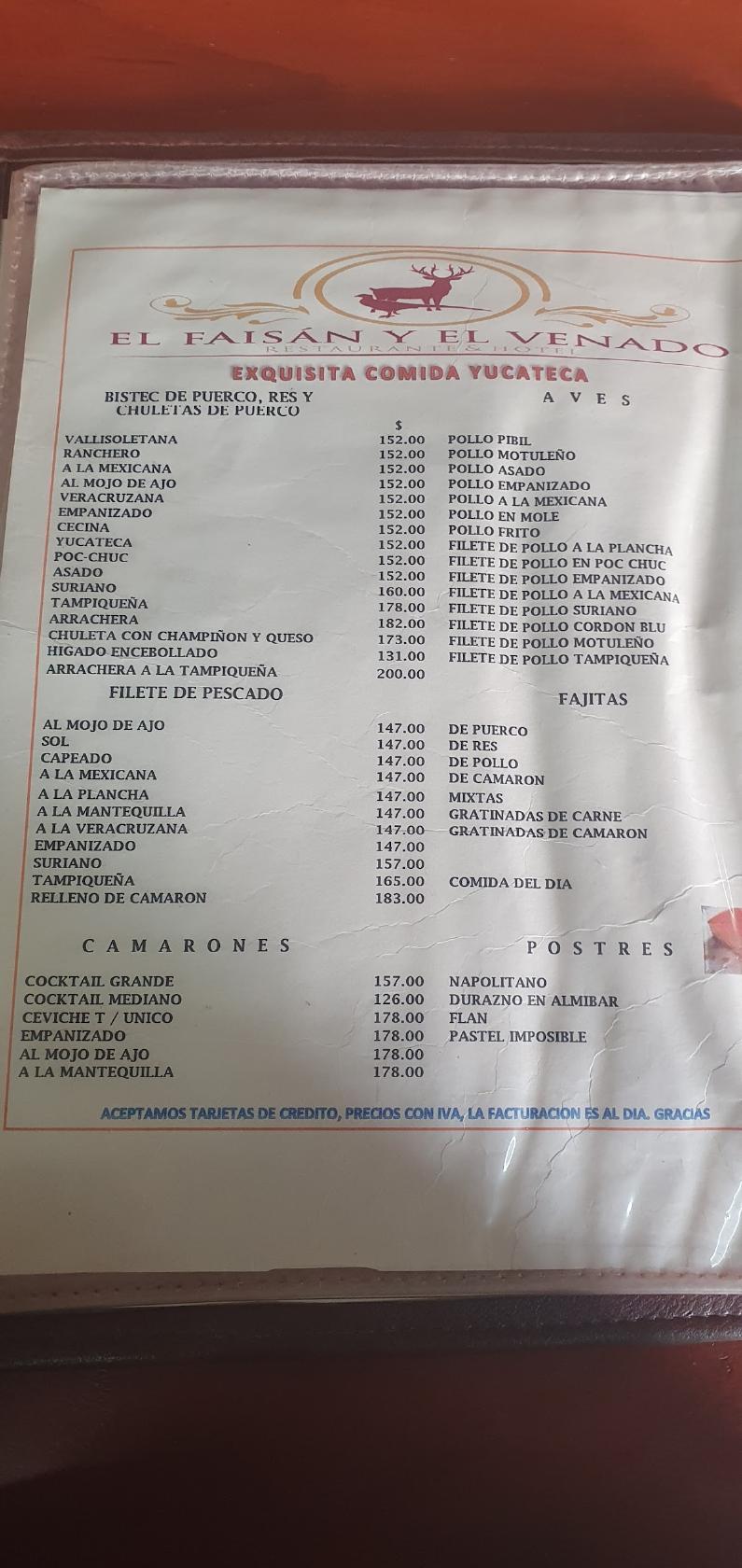 Menu at Restaurante El Faisan Y El Venado, Felipe Carrillo Puerto, Av ...