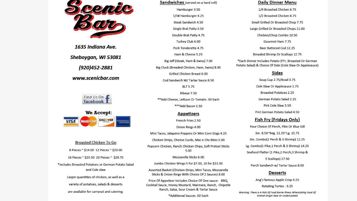 Menu at Scenic Bar & Restaurant, Sheboygan