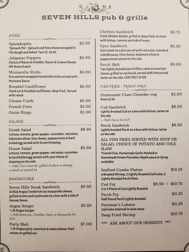 Menu at Seven Hills Pub & Grille, Port Washington