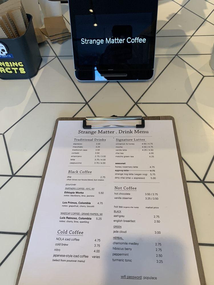 Menu at Strange Matter Coffee restaurant, Lansing, E Michigan Ave #103