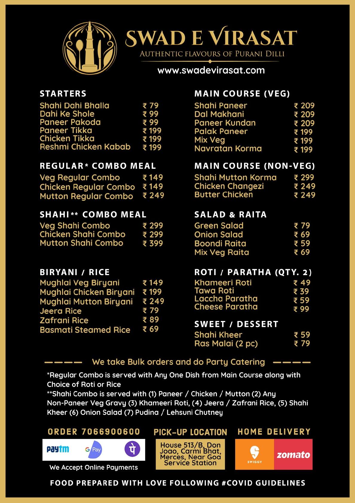 Menu at Swad e Virasat, Bambolim