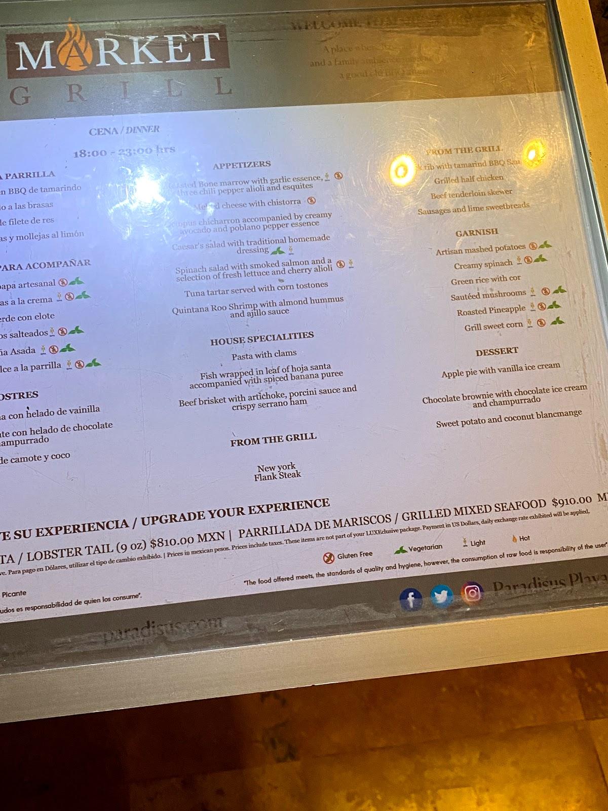 Menu at The Market restaurant, Playa del Carmen, Paradisus Esmeralda