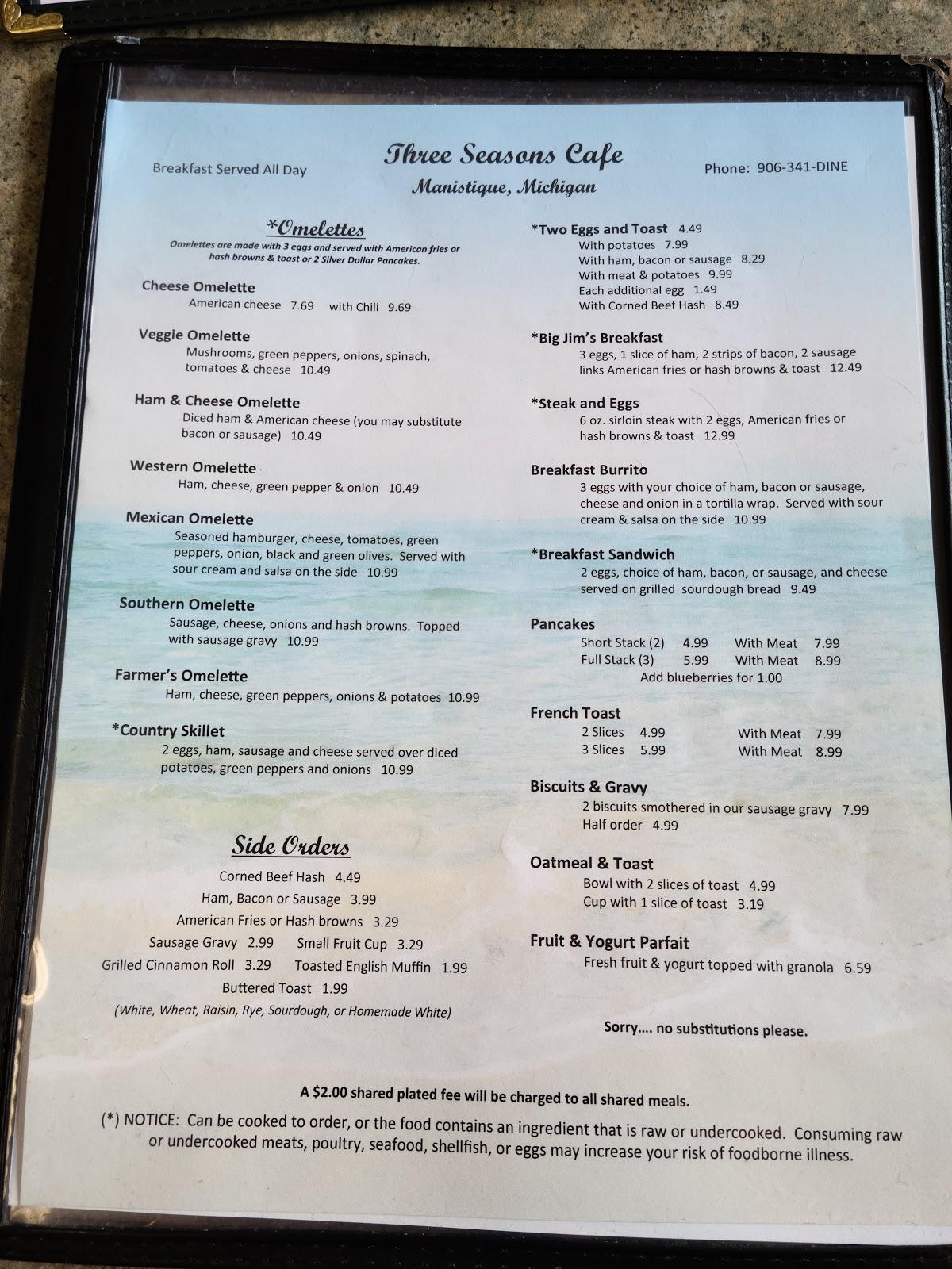Menu at Three Seasons Cafe, Manistique, US-2