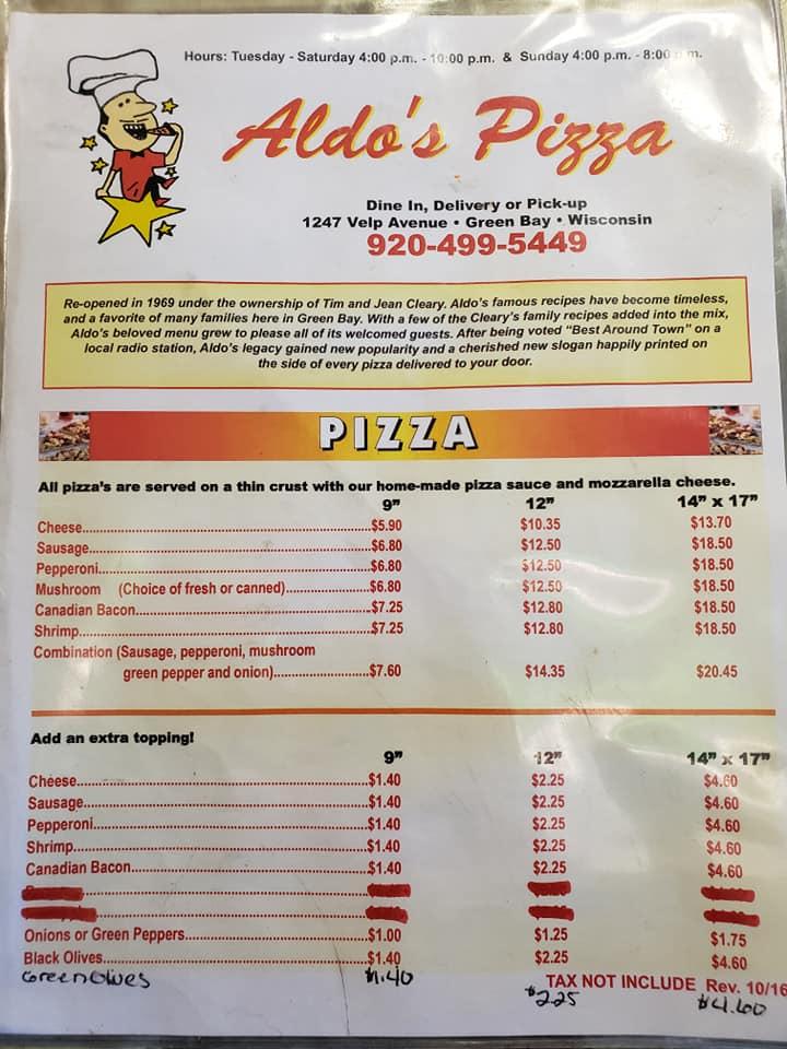 Menu at Aldo's Pizza pizzeria, Green Bay