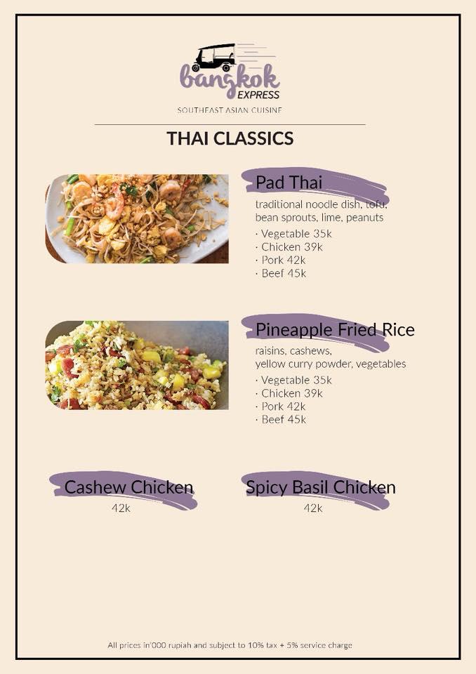 Menu at Bangkok Express restaurant, Kuta