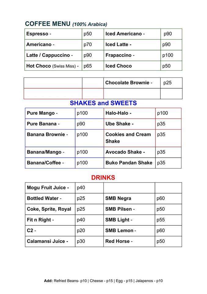 Menu at IC Cafe, Dapa