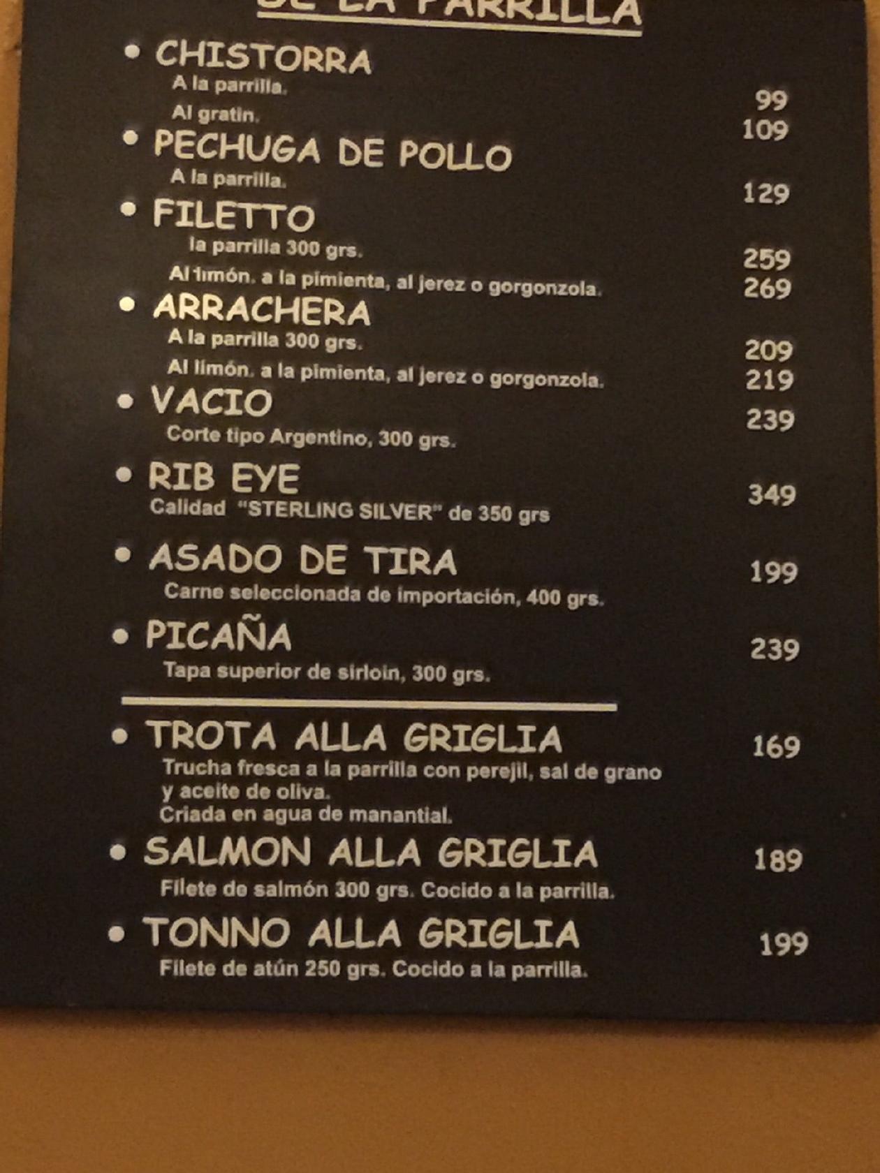Carta de La Posta Parrilla, Ciudad de México