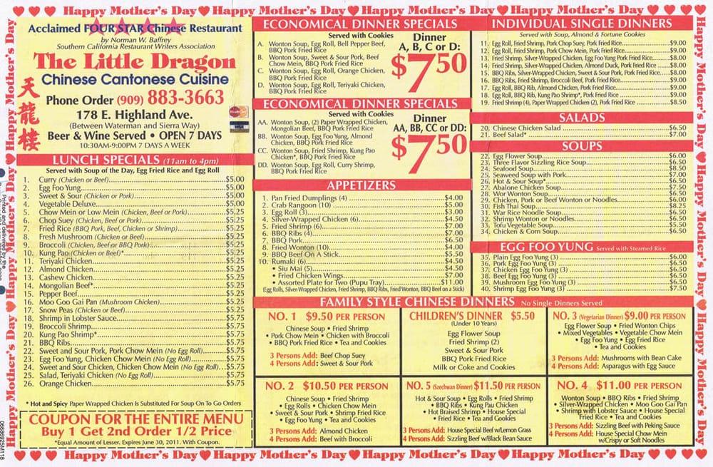 Menu at Little Dragon Chinese Cantonese Restaurant, San Bernardino