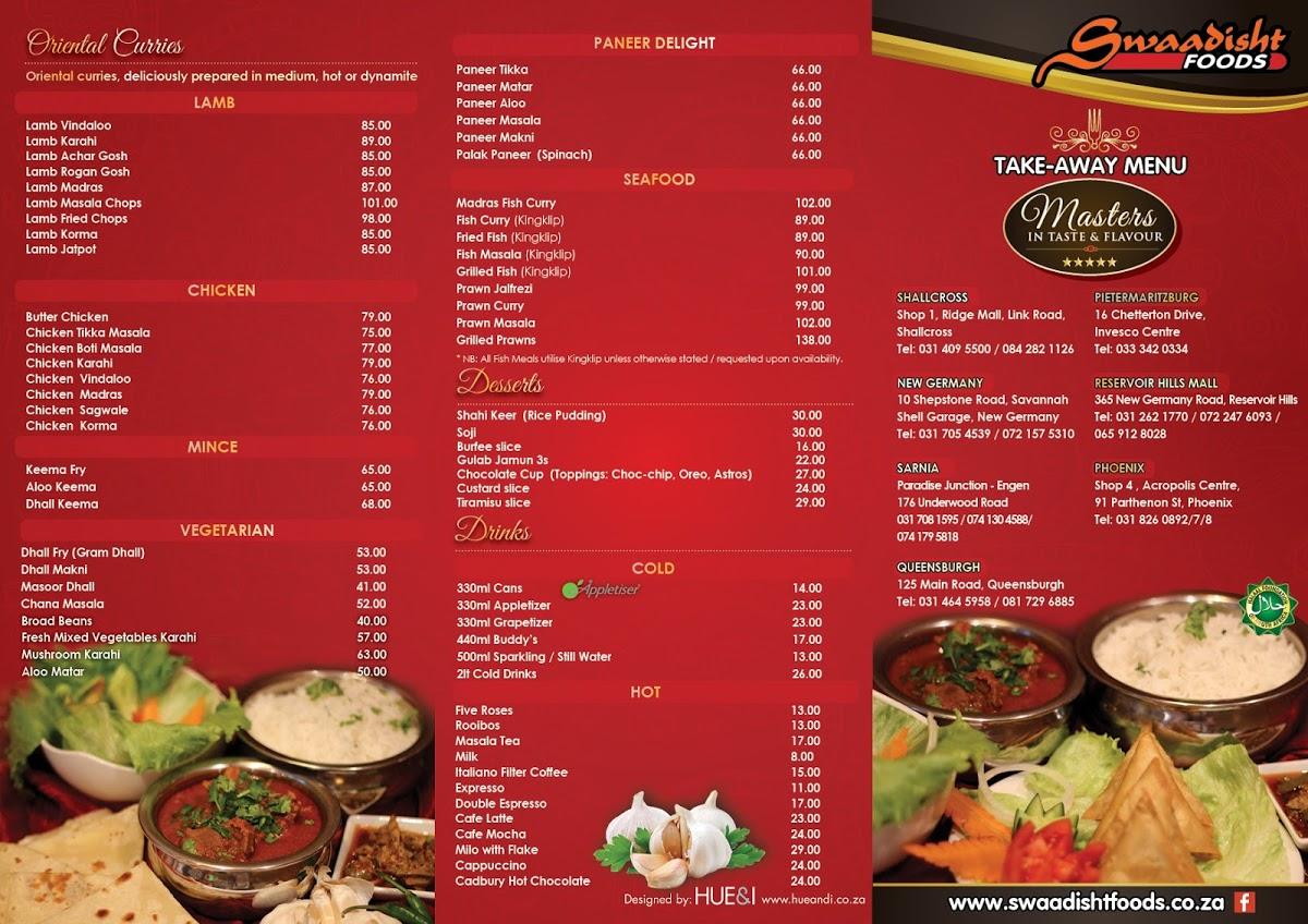 Menu at Swaadisht Foods PMB restaurant, Pietermaritzburg, 16 Chatterton Rd