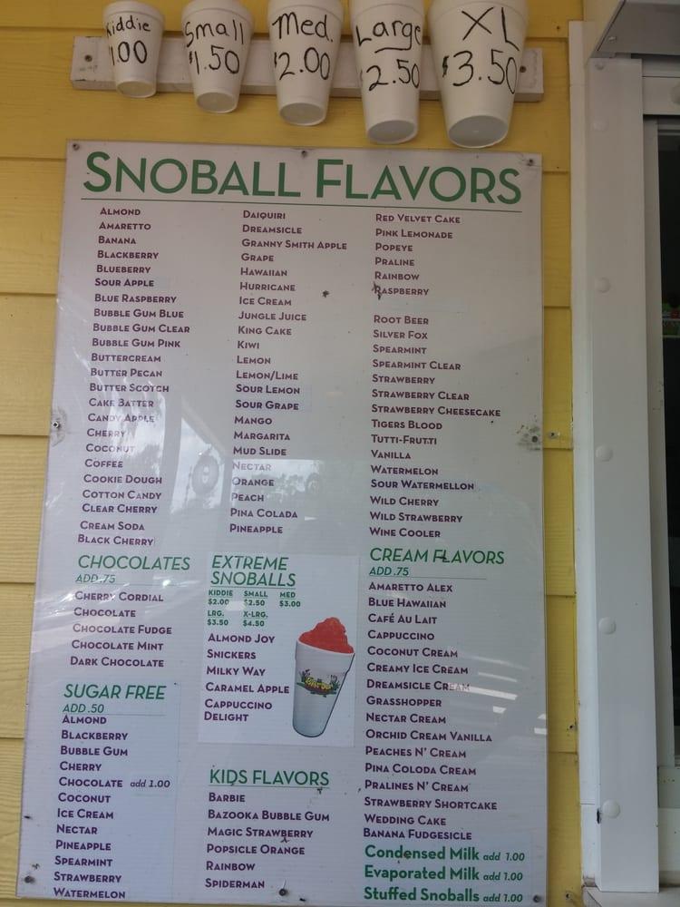 Menu at Bayou Snowballs desserts, Slidell, 698 Old Spanish Trail