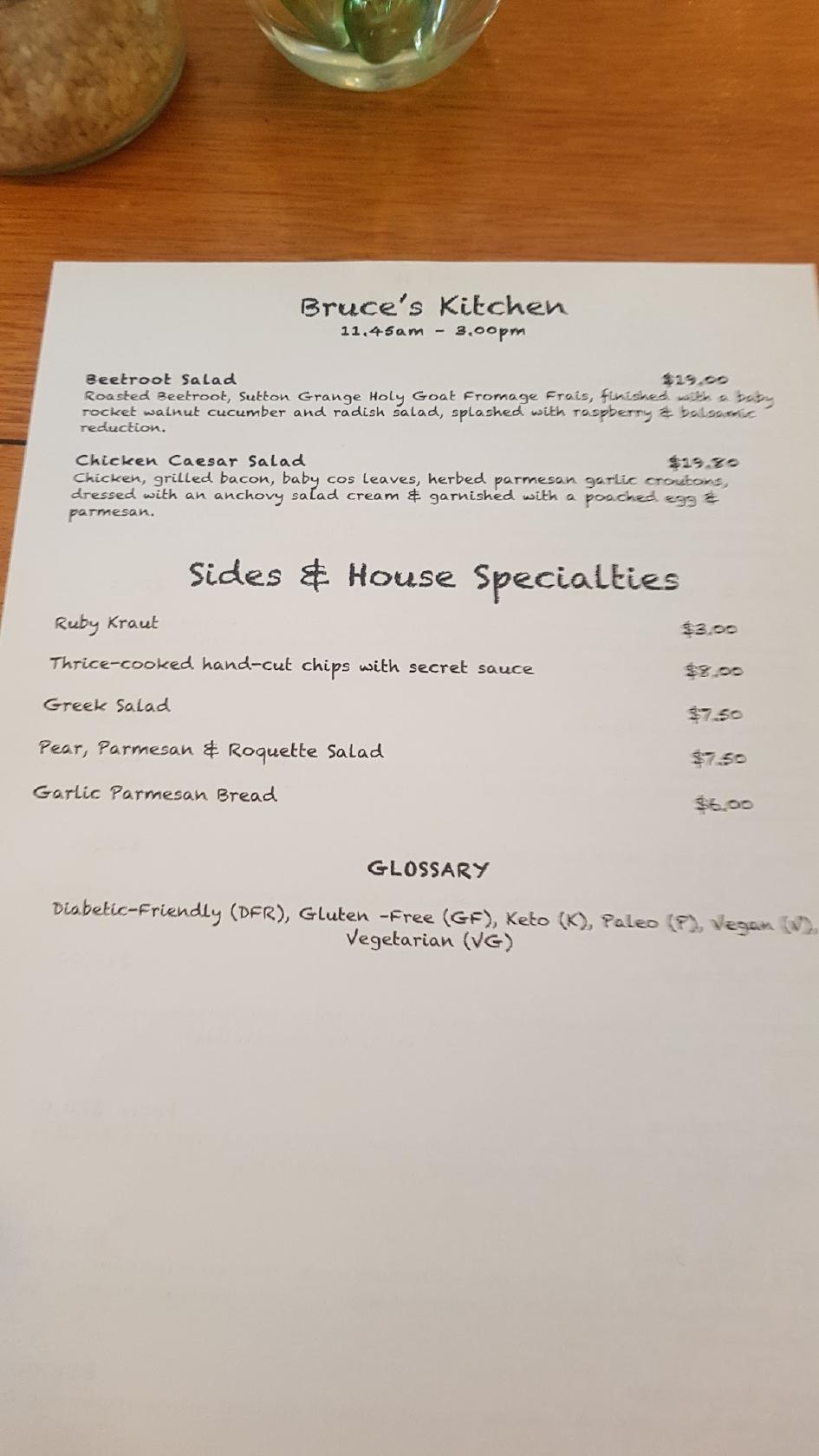 Menu at Bruce's Kitchen restaurant, Castlemaine