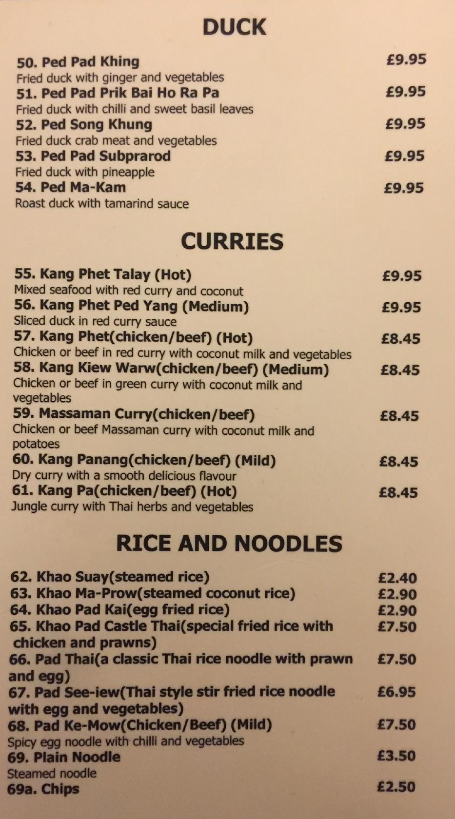 Menu at Castle Thai restaurant, Shrewsbury