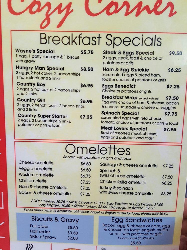 Menu at Cozy Corner restaurant, Miami Springs, 90 Westward Dr