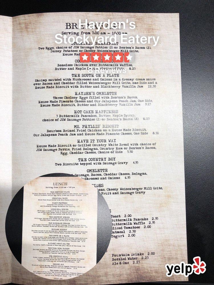 Menu at Hayden's Stockyard Eatery restaurant, Lexington