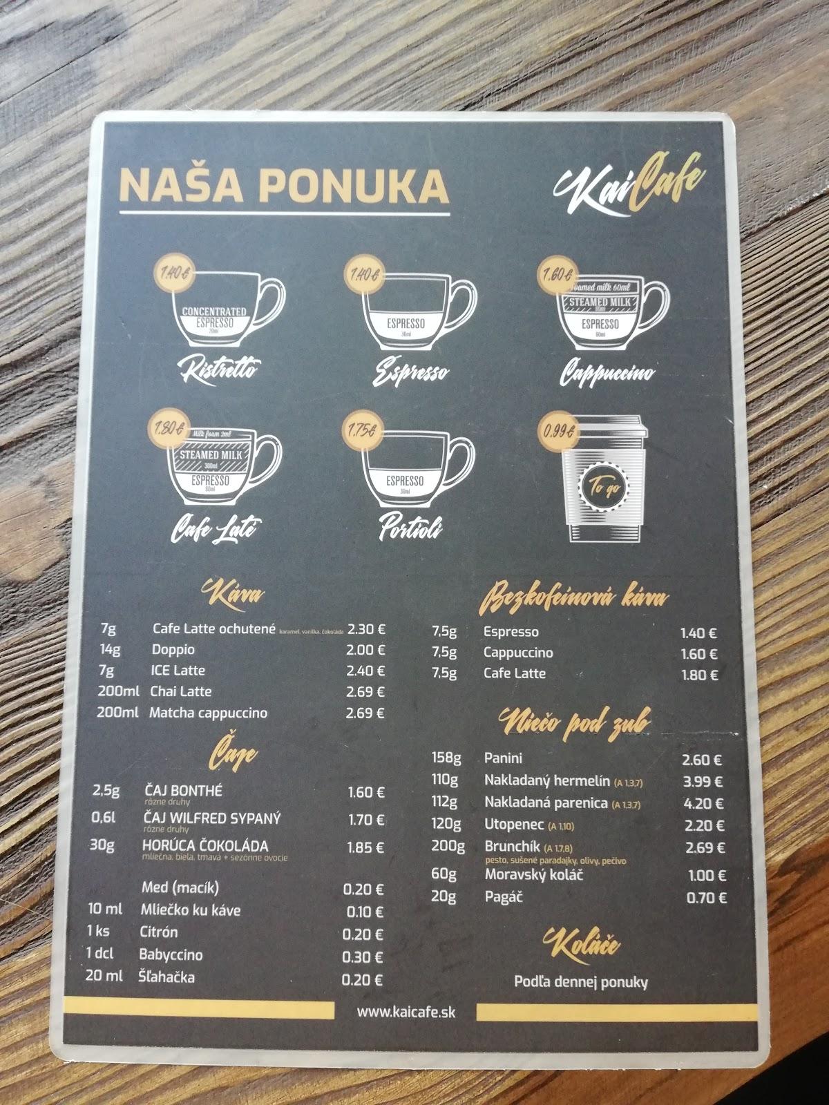 Menu at Kai cafe Záhorská Bystrica, Bratislava
