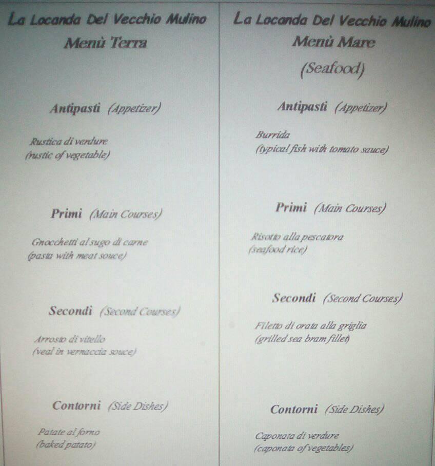 Menu da La Locanda Del Vecchio Mulino ristorante, Riola Sardo