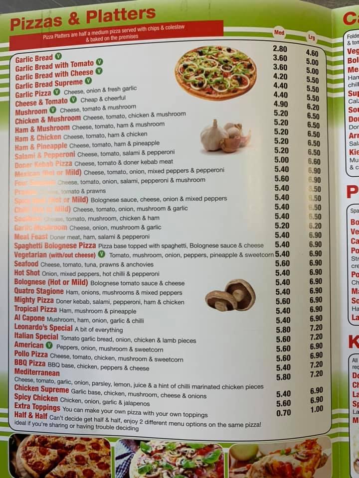 Menu at Leonardo's Takeaway restaurant, Grimsby