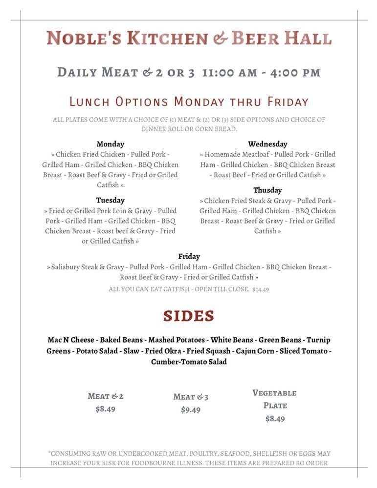 Menu at Noble's East Nashville pub & bar, Nashville