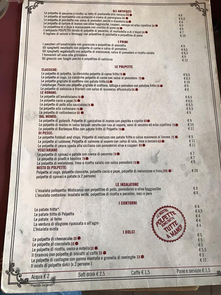 Carta del pub y bar Polpetta Gluten Free, Roma