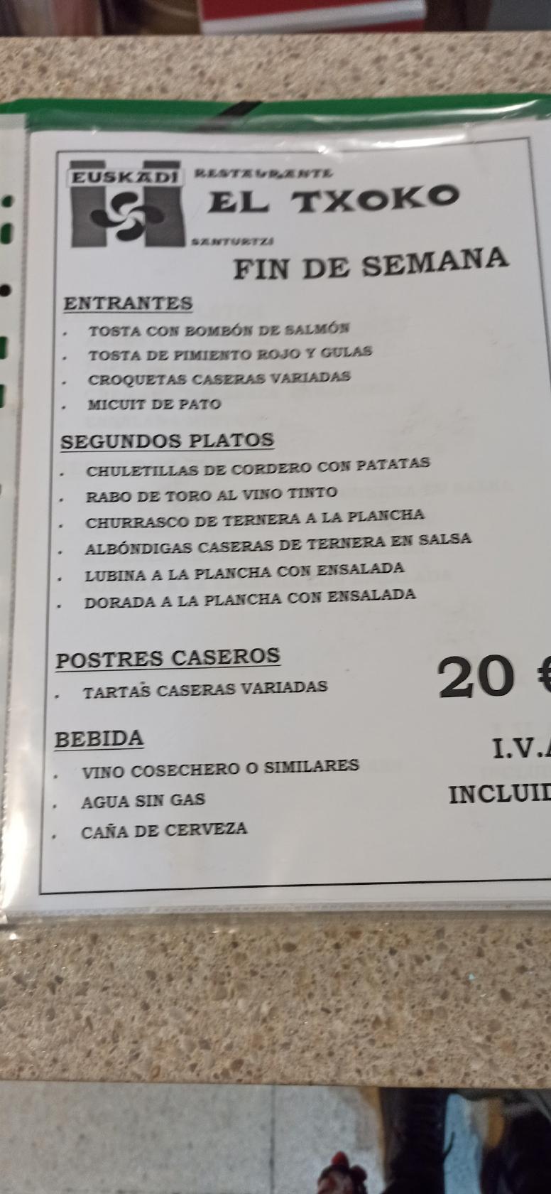 Carta de RESTAURANTE EL TXOKO SANTURTZI, Santurce