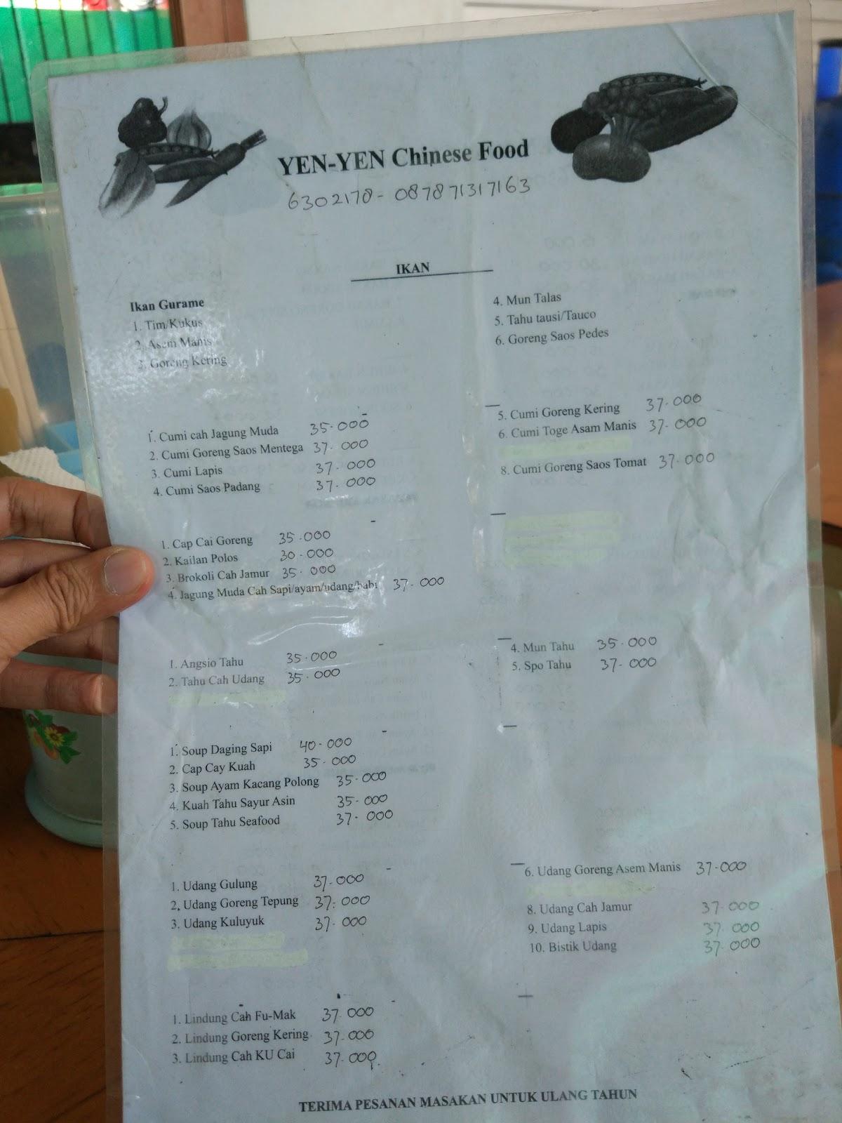 Menu at Yen Yen Chinese Foods restaurant, West Jakarta